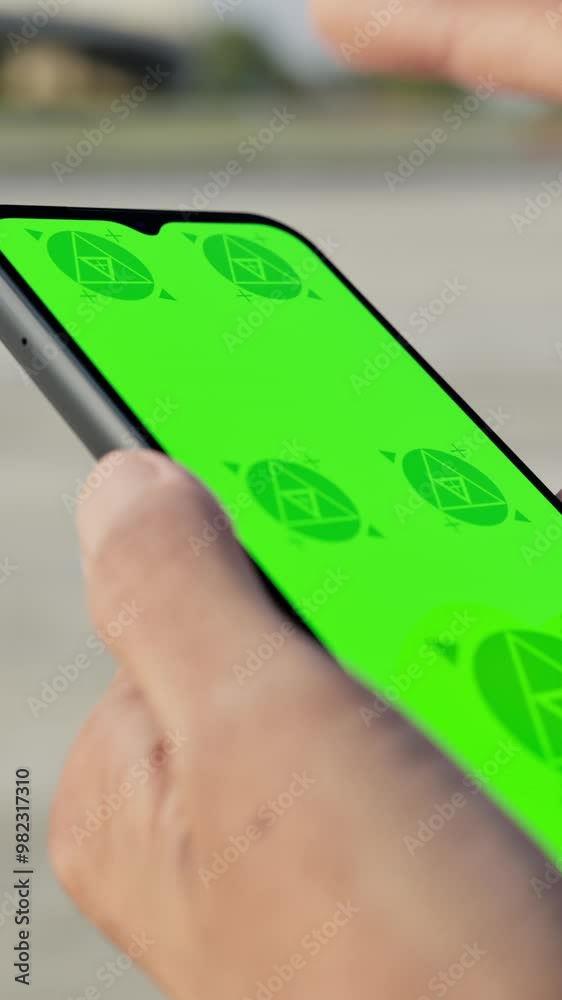 Asian middle aged male using smartphone with a blank green screen. Maps ...