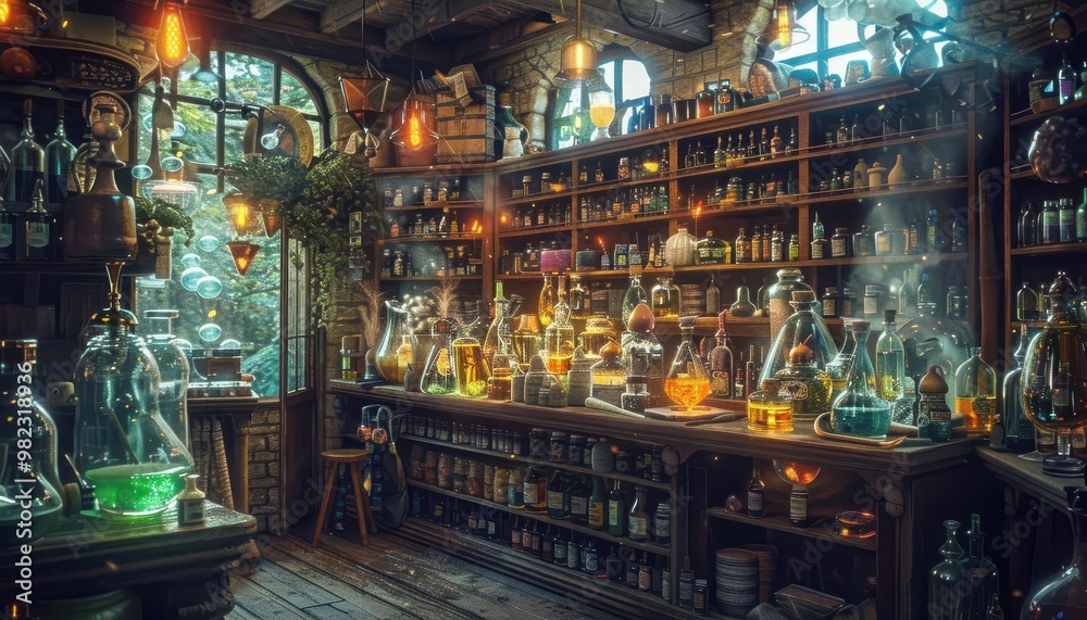 Magical apothecary shop filled with potion bottles, herbs, and glowing ...