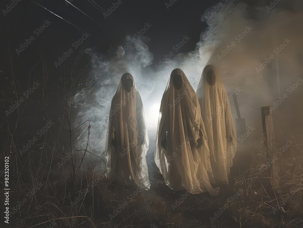Three ghostly figures shrouded in white sheets emerge from the mist in a spooky nighttime forest ...