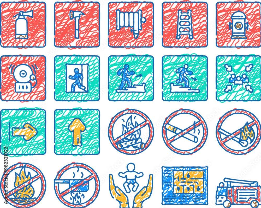 emergency fire exit safety escape doodle icons set vector. sketch line ...