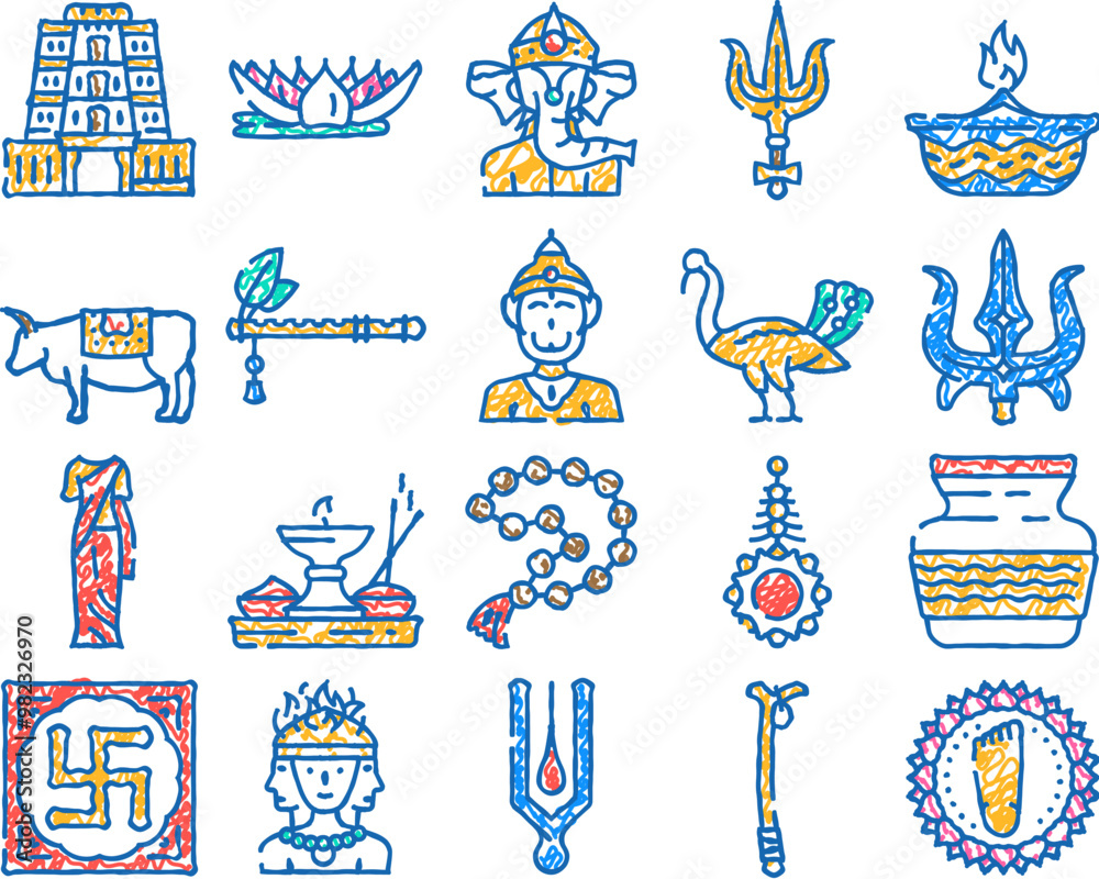 hinduism hindu god om doodle icons set vector. sketch line art india ...