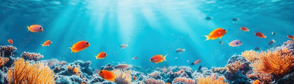 Coral reefs bleached and broken, with colorful fish swimming in the ...