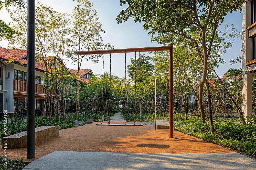 There is a swing set situated in a vibrant playground area right in ...