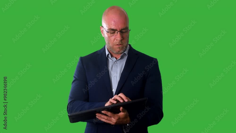 A bald business man in a suit with a green screen background, holding ...