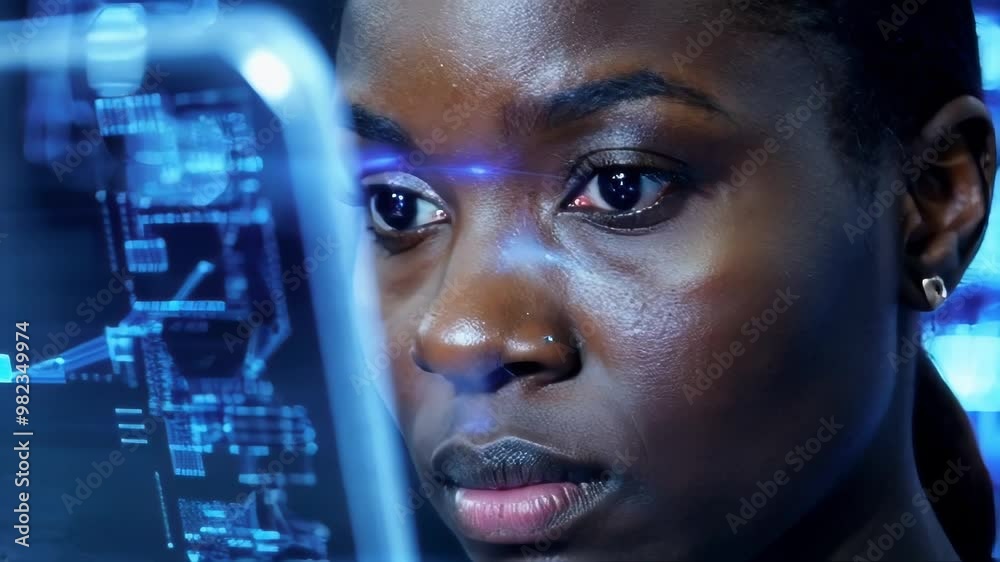 An African American woman interacts with a holographic display, analyzing complex data ...