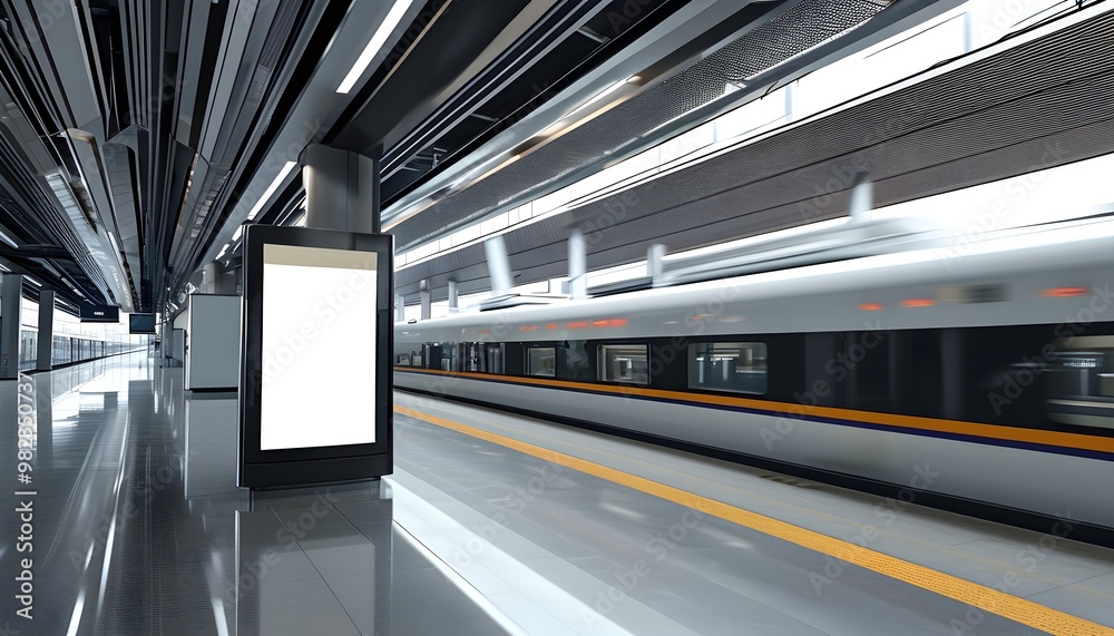 Dynamic urban transit scene with a modern train station, a speeding ...