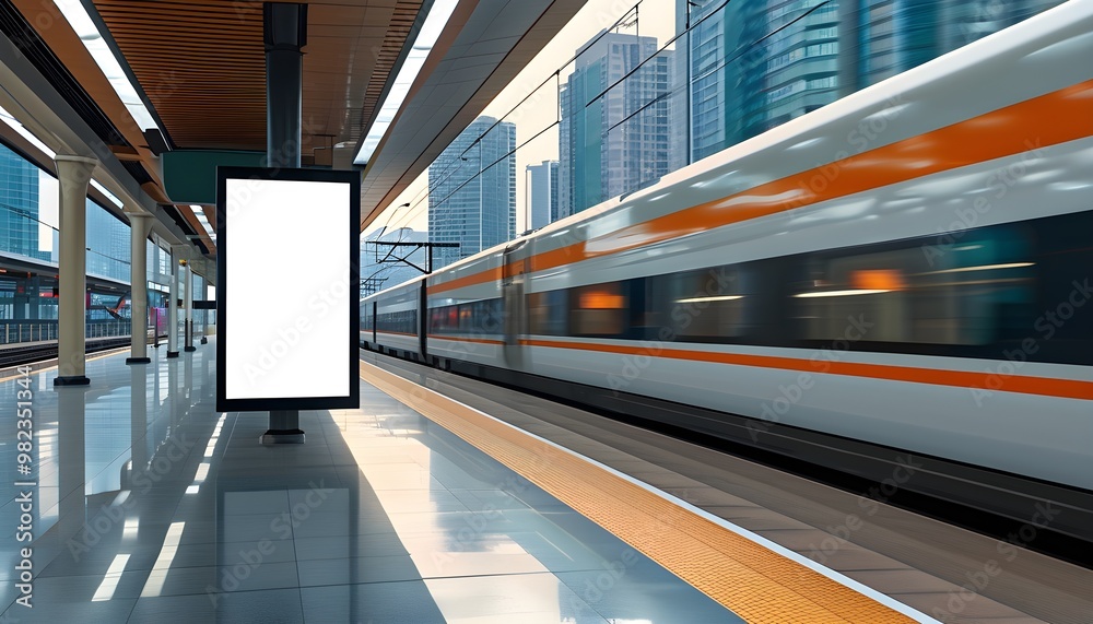 Dynamic urban transit scene with a modern train station, a speeding ...