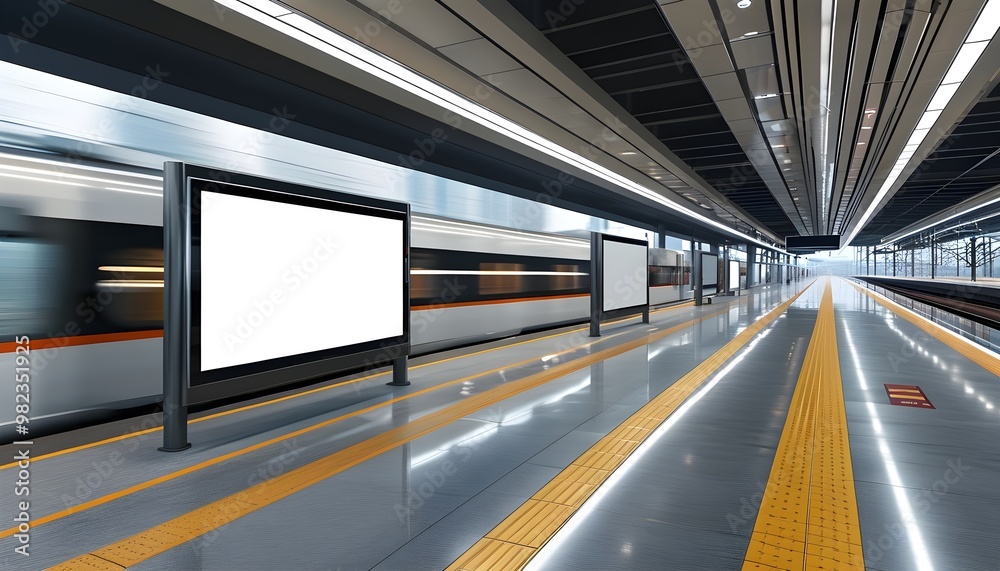 Dynamic urban transit scene with a modern train station, a speeding ...