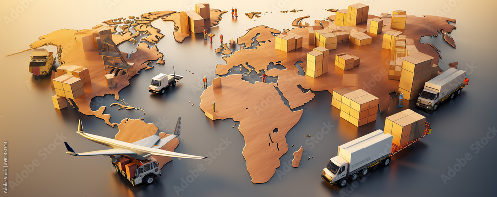 Global logistics and trade network with trucks, planes, and shipping ...