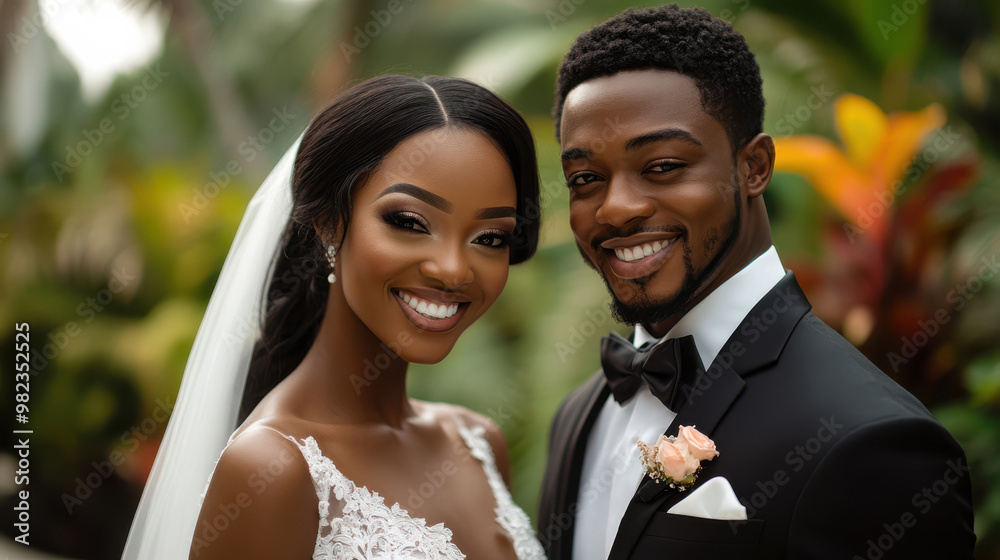 Smiling bride and groom on their wedding day, dressed elegantly in a ...