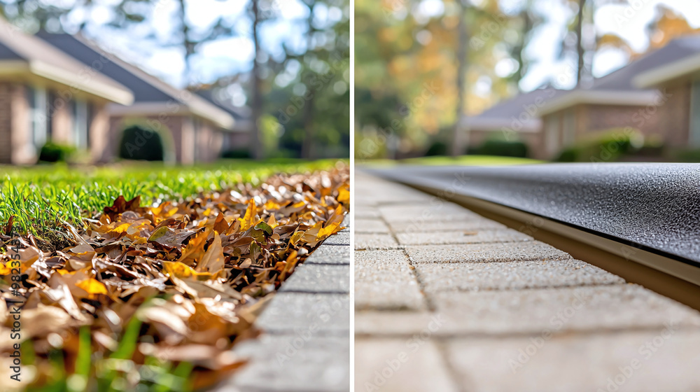 a before-and-after sequence: three images showing a damaged gutter, the ...