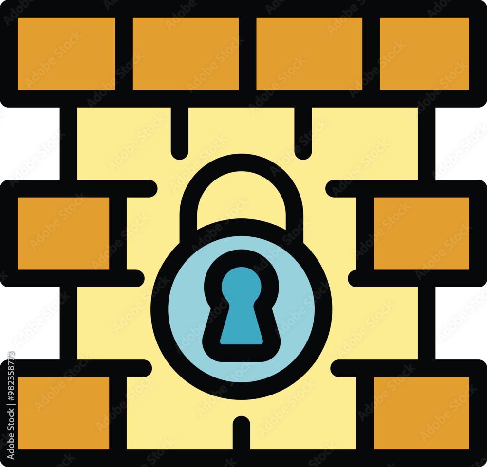 Simple outline color icon representing a brick wall firewall protecting ...