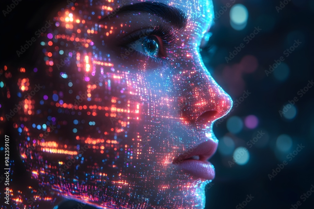 a digital face composed of thousands of glowing pixels, each a different shade of blue, green ...