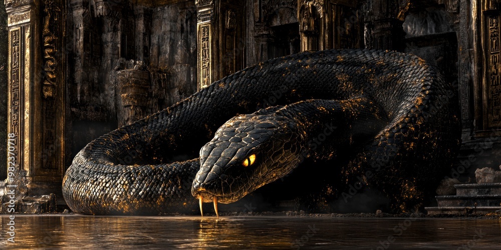 A massive serpent emerges from an ancient, mysterious temple. This ...