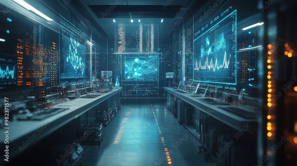 Biotechnology laboratory with synthetic robotic equipment. The ...