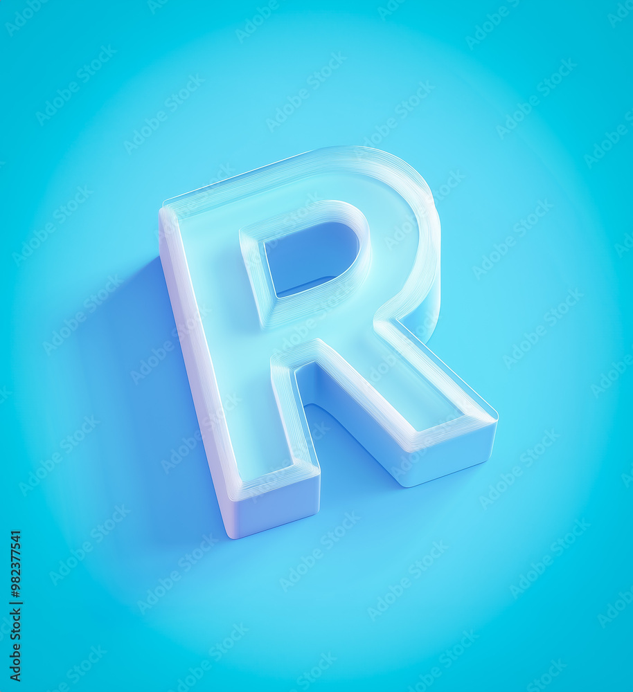 The letter R is rendered in a layered, white transparent 3D style ...