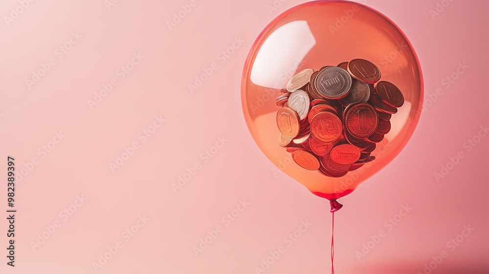 Balloon filled with coins on a pink background, symbolizing financial ...