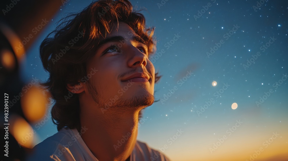Man gazing at stars in night sky, stargazing under the universe ...