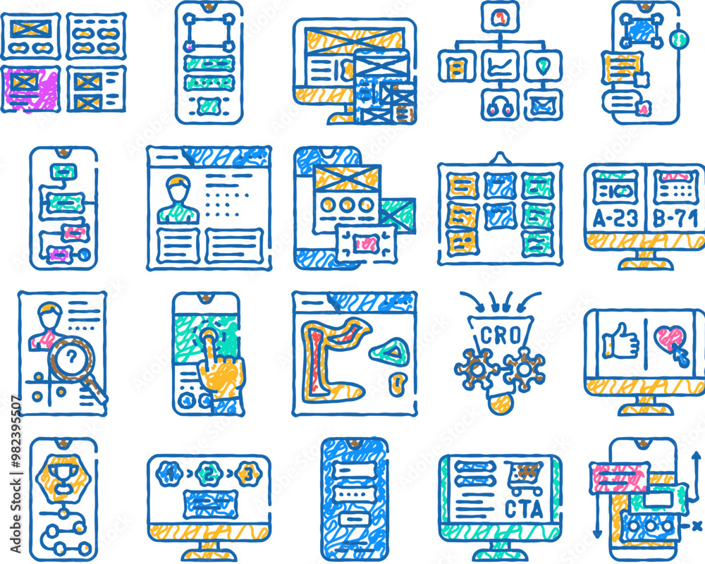 ui ux web interface app doodle icons set vector. sketch line art business mobile, arrow user ...