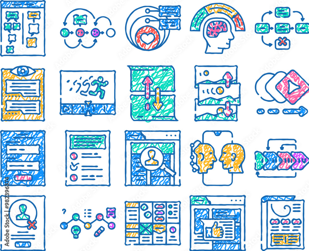 ui ux web interface mobile doodle icons set vector. sketch line art web ...