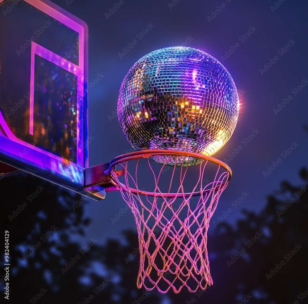 Basketball with a disco ball. Disco ball in basketball hoop. A good ...