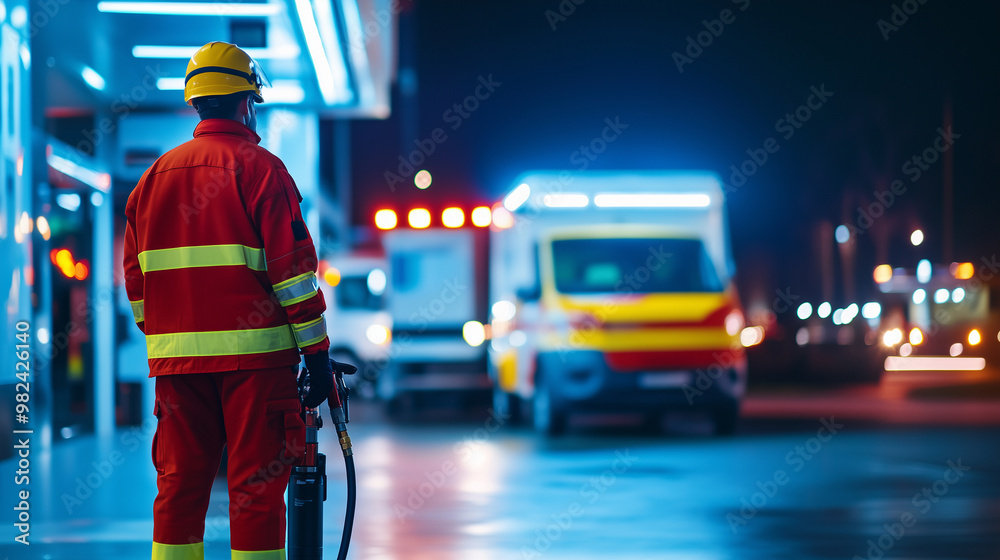 EMS drivers and paramedics refueling their ambulance trucks at a gas ...