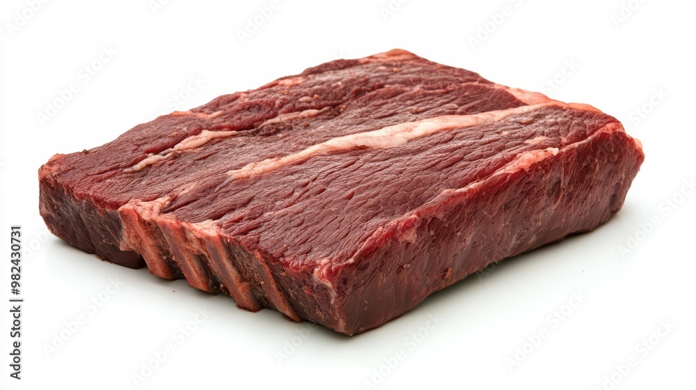 Beef brisket, uncooked, with fat cap visible, placed on a clean white ...