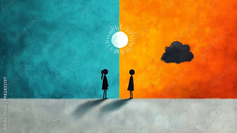 Two people, one walking under a bright sun with a smile and the other ...