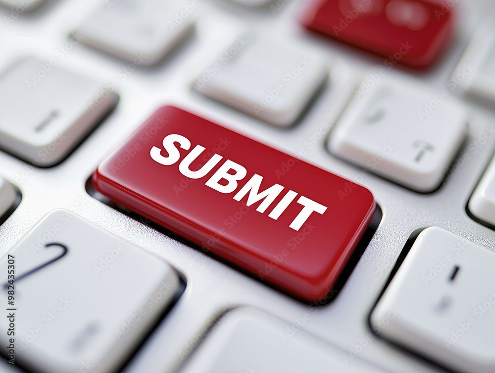 A striking 3D rendering of a keyboard featuring a prominent red SUBMIT ...