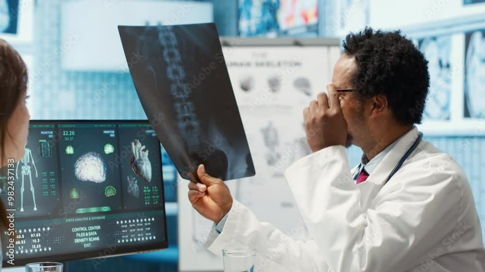 Medic expert showing the x ray imaging test results to patient at check ...