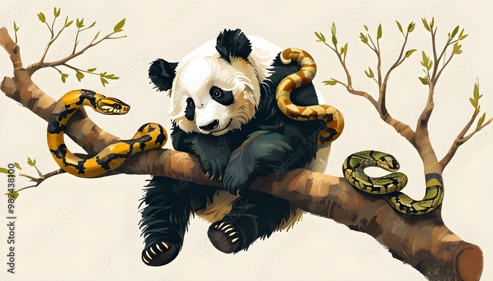 Panda and snake perched on a tree branch, representing the Pandas ...