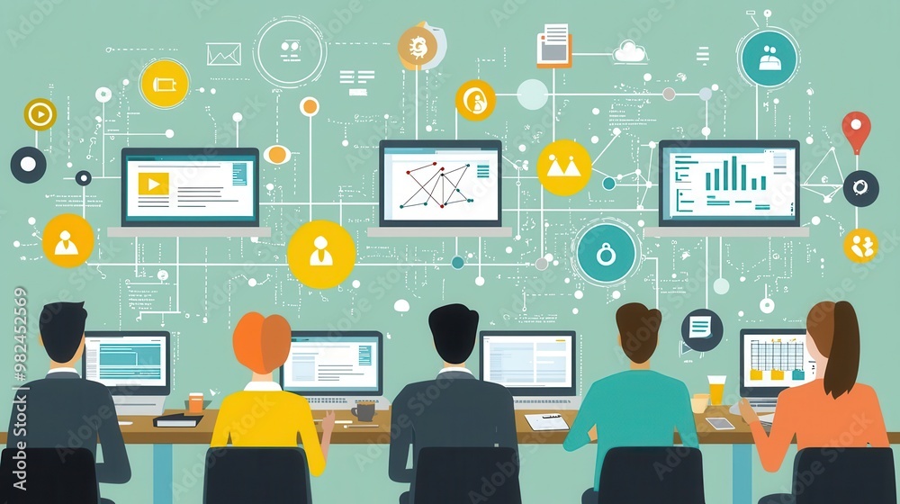 Team collaboration in a digital workspace with multiple screens ...