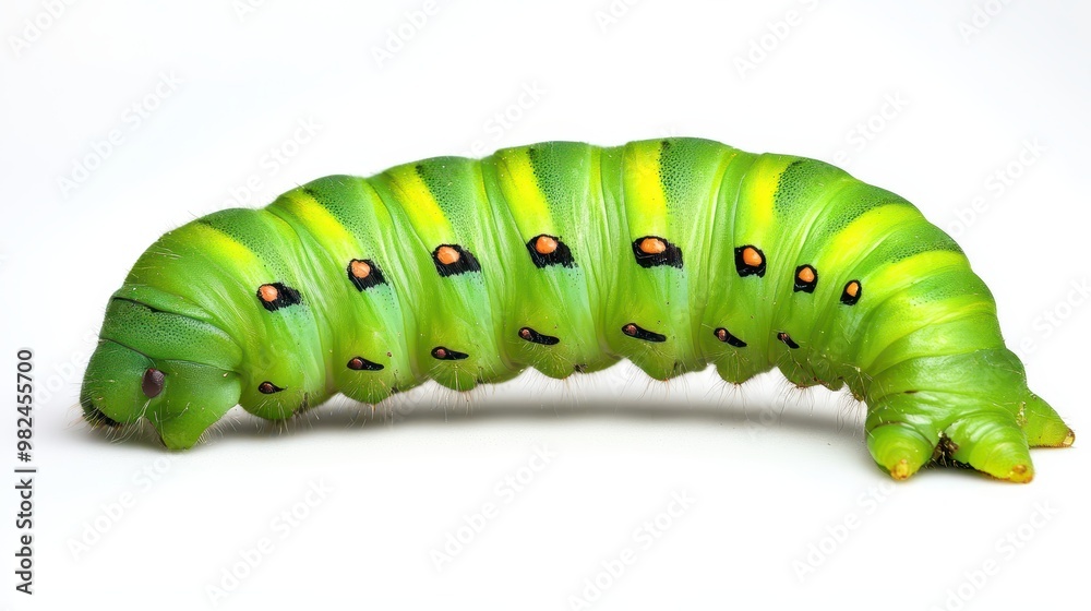 Realistic image of a vibrant green caterpillar crawling, showing its ...