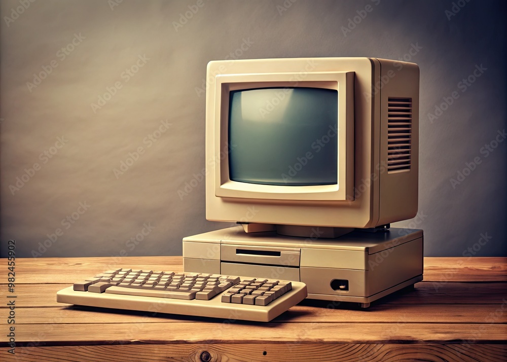 Faded neon lights illuminate the cluttered desktop, where a hulking CRT ...