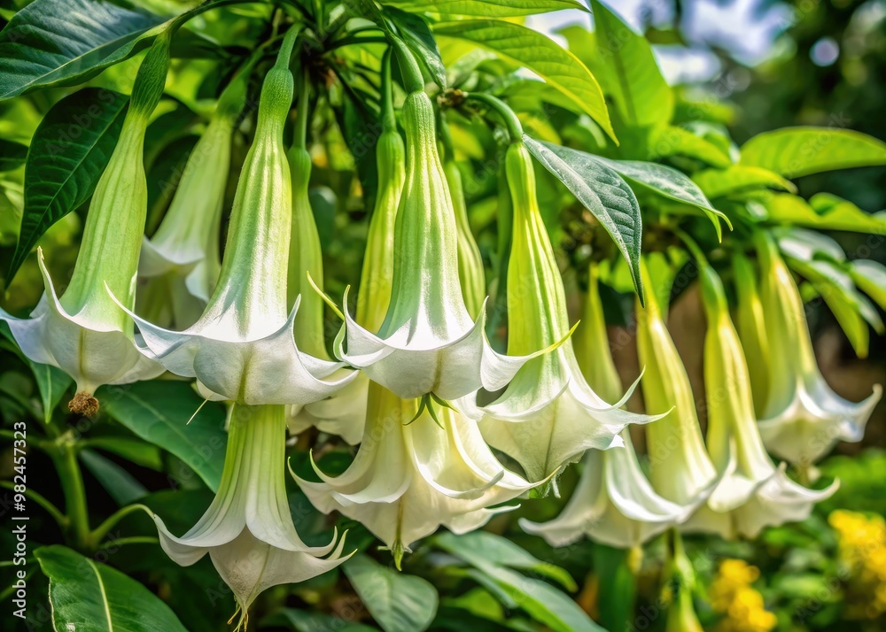 Fragrant white trumpet flowers of Brugmansia arborea unfold from the ...