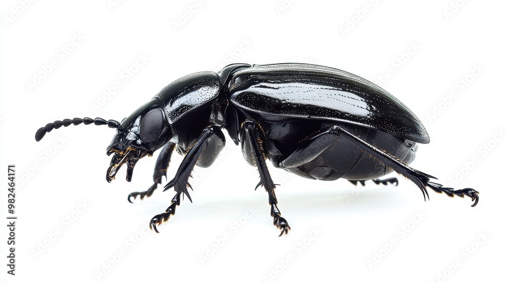 Zoomed-in view of a shiny black beetle with a hard exoskeleton, legs in ...