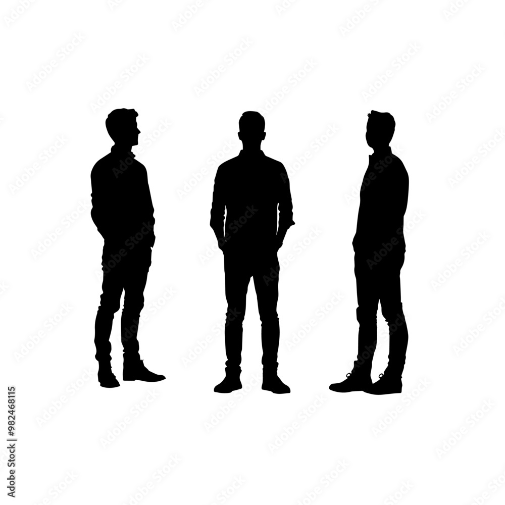 Silhouette of three standing men from different angles. Black ...