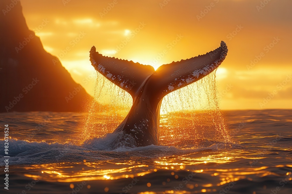 majestic whale tail breaching at sunset silhouetted against a golden ...