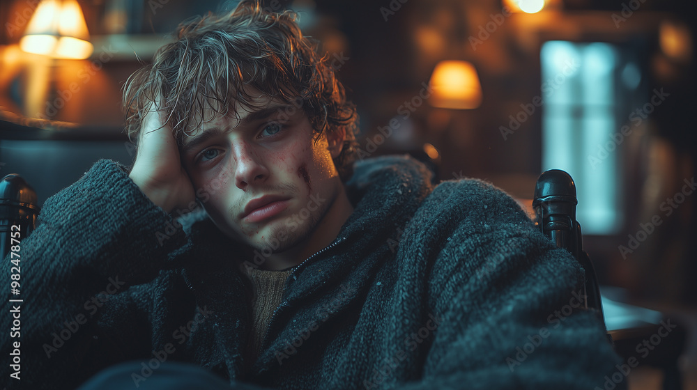 Sad man sitting in a wheelchair and holding head. Emotional and ...