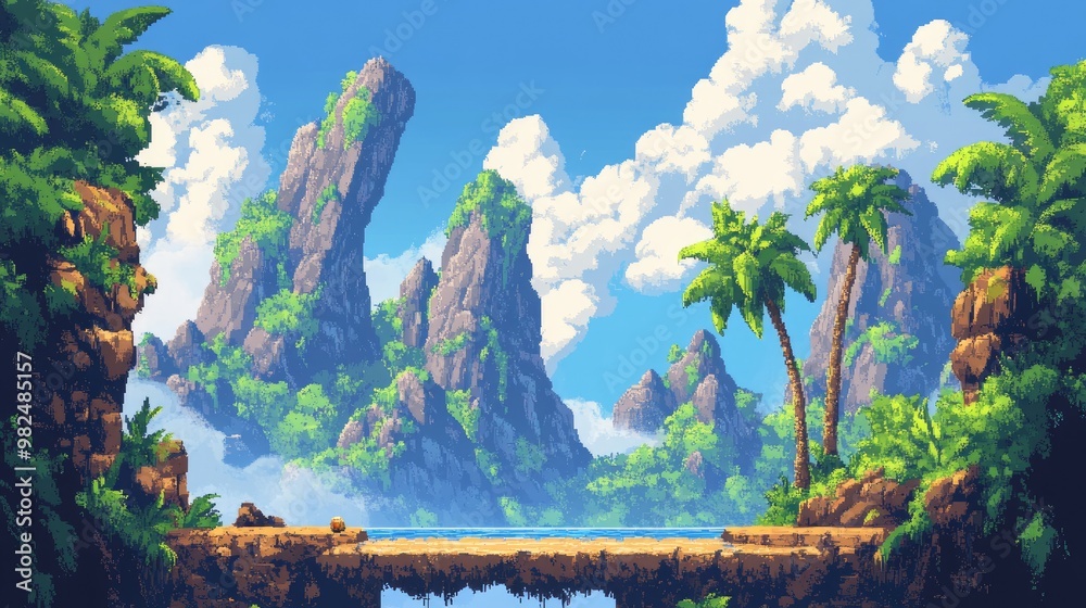 Fantasy island background for a 2D arcade game, complete with towering ...