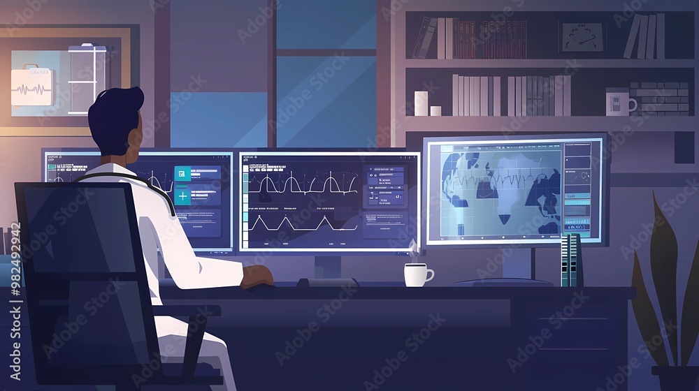 This image illustrates a doctor sitting in front of multiple computer ...