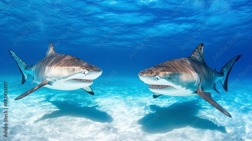 Underwater Perspective of Two Tiger Sharks Swimming in the Blue Ocean ...