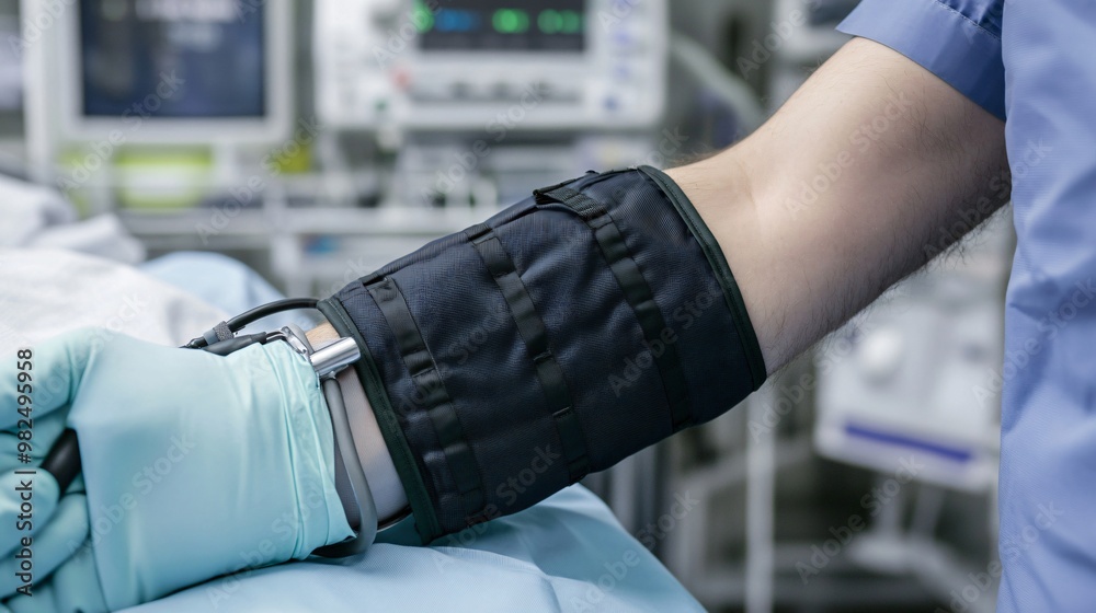 Blood pressure cuff being inflated around a patient’s arm, pressure ...