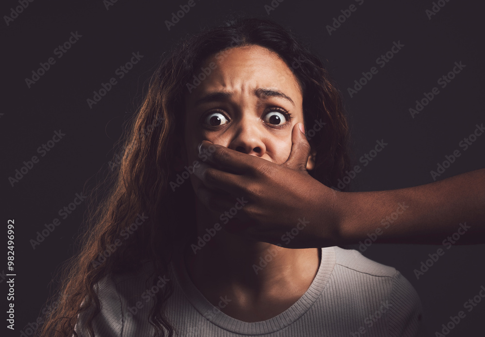 Woman, hand and covering mouth in portrait with abuse, anxiety and fear ...