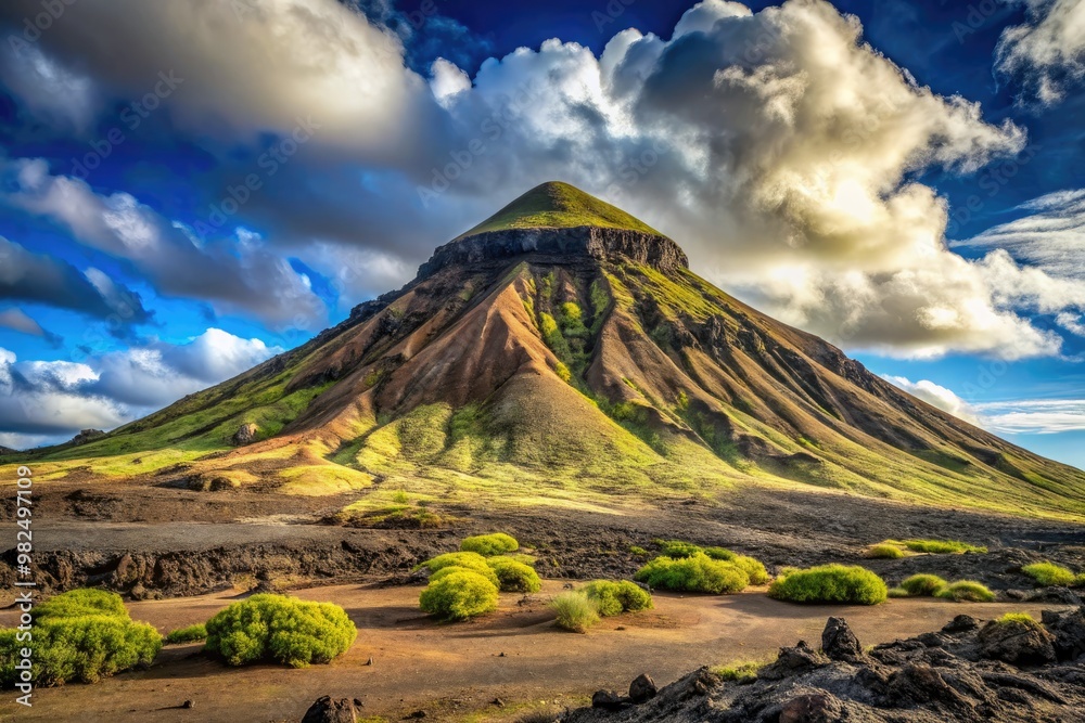 Volcanic lava butte rises majestically, its rugged slopes streaked with ...