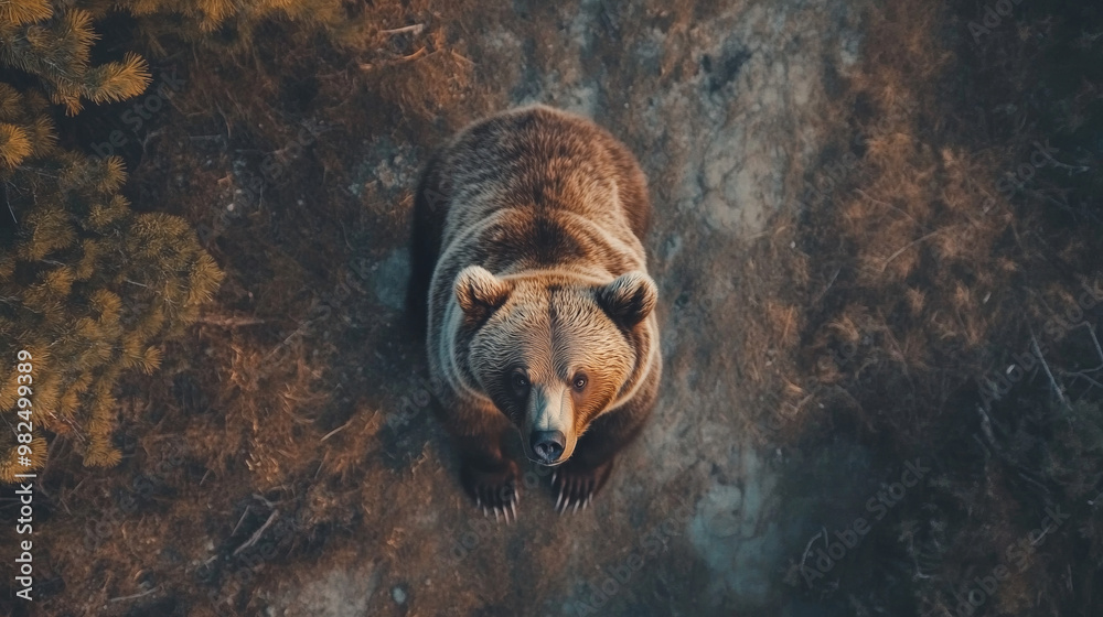 A brown bear roams freely in its natural habitat. A drone captures the ...