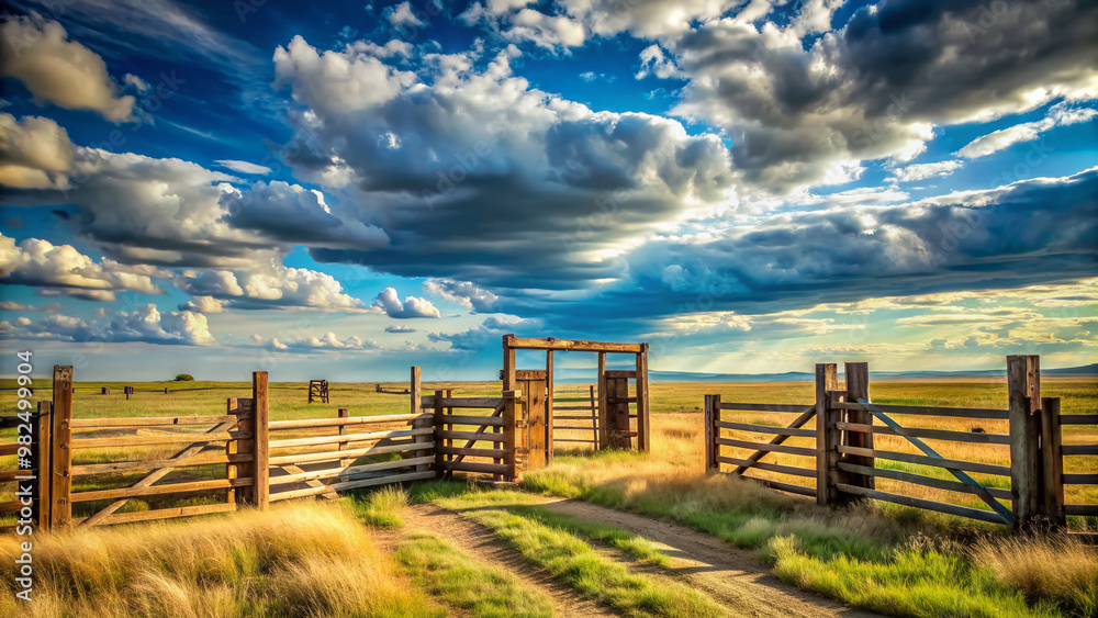 Rustic wooden corral gates with weathered brick posts stand tall on a ...