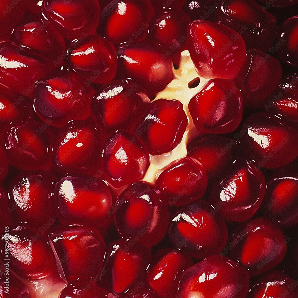A bunch of ripe pomegranate seeds, bright ruby red and juicy, densely ...