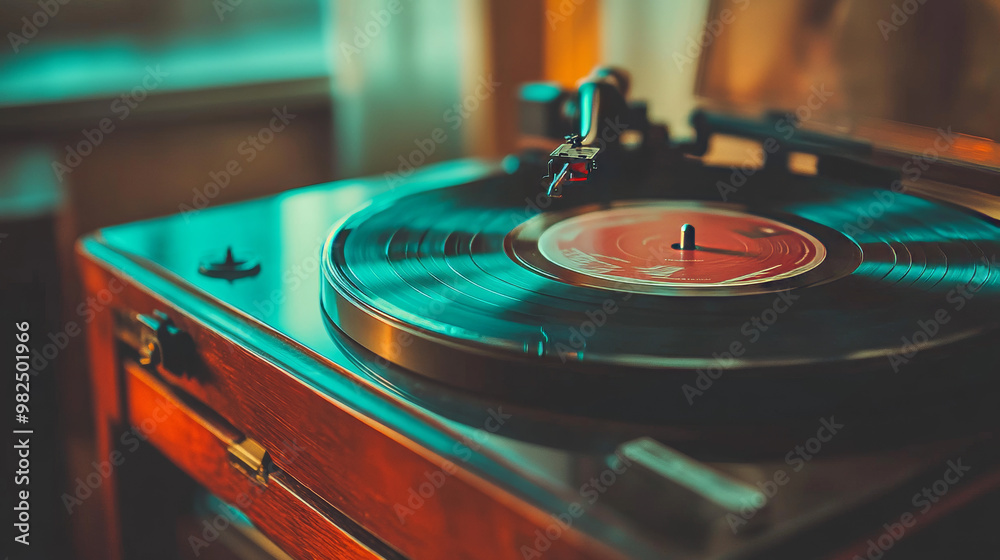 A close-up photo shows an old turntable with a vinyl record playing ...