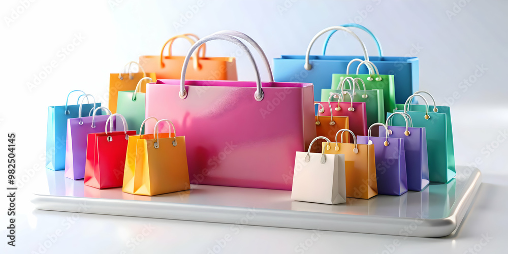 3D Glossy Shopping Bag Display with Floating Coupon Codes on Vibrant ...